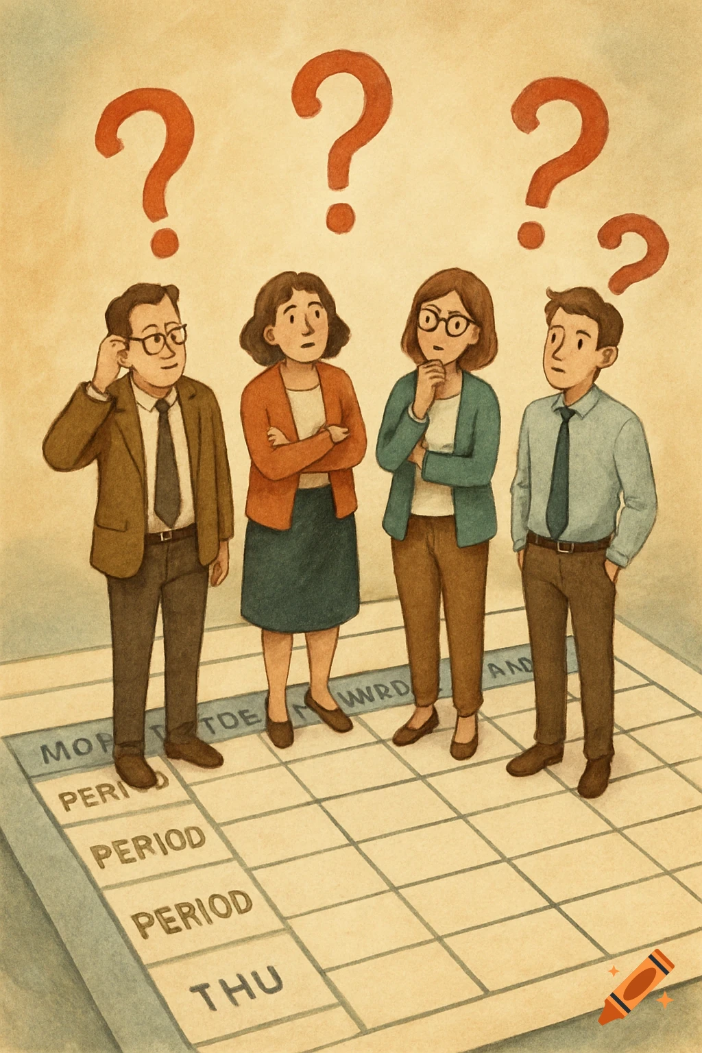 Illustration of four people standing on a timetable with question marks ...