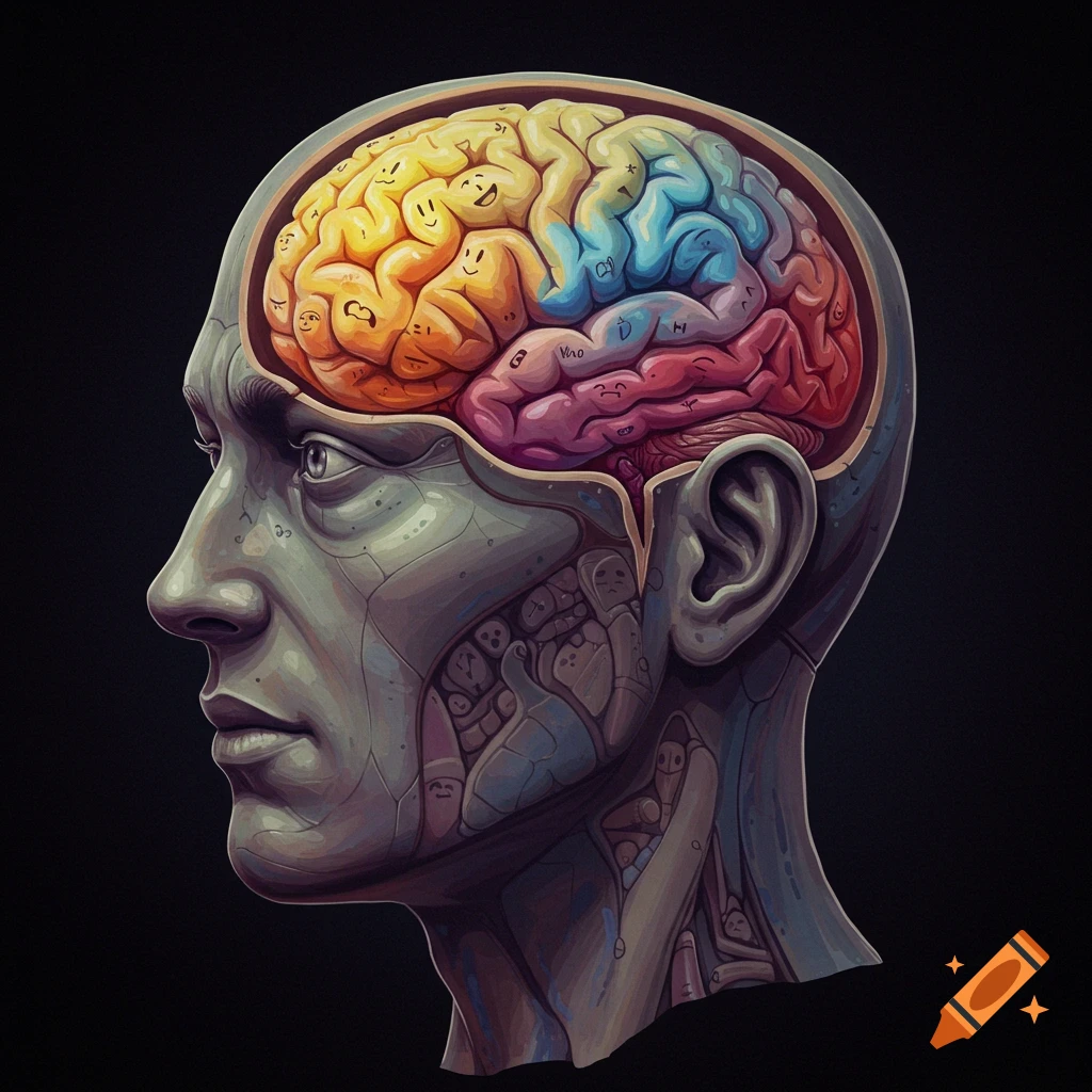 Illustration of a head cross-section showing a colorful brain with ...