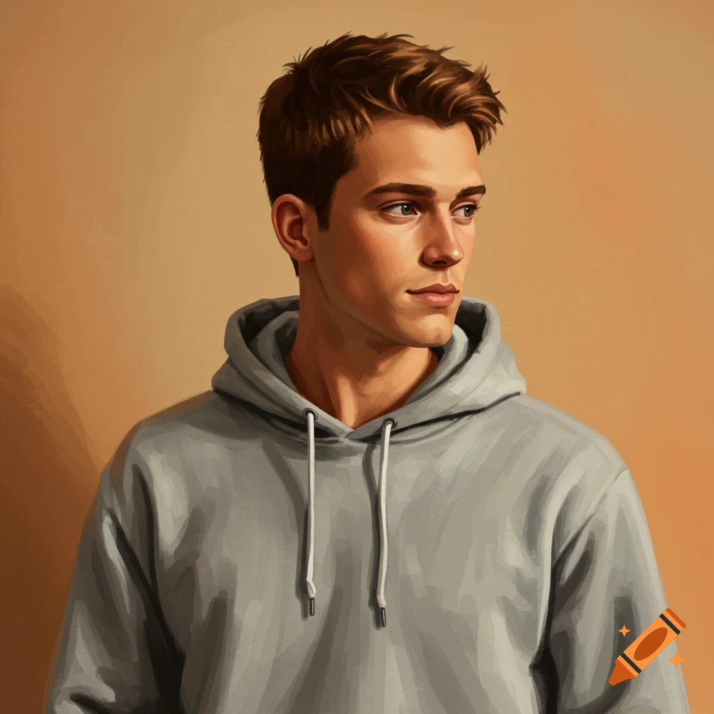 Digital painting of a light-skinned young man wearing a gray hoodie ...