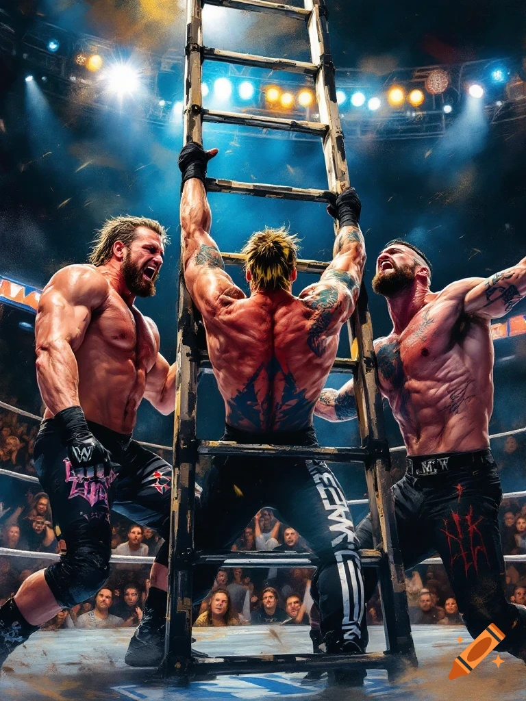Illustration of three muscular wrestlers battling around a ladder in a ...