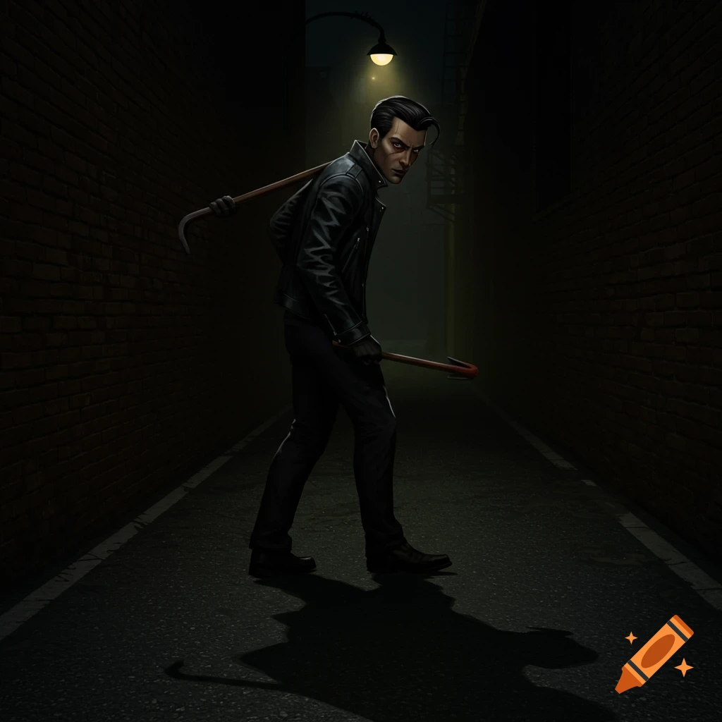 Man with a crowbar in a dark alley. on Craiyon