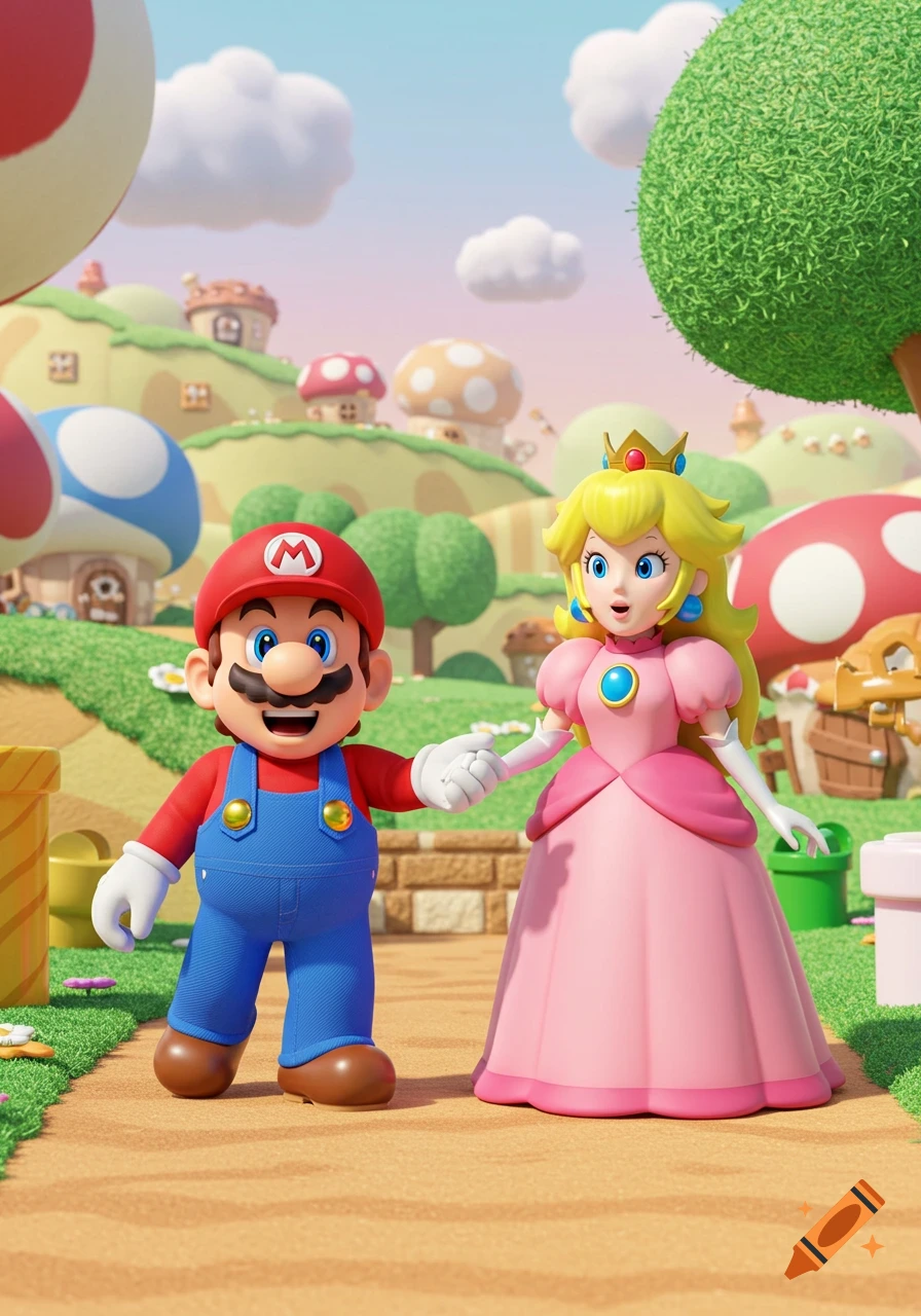 Mario and Princess Peach hold hands in a colorful Super Mario world ...