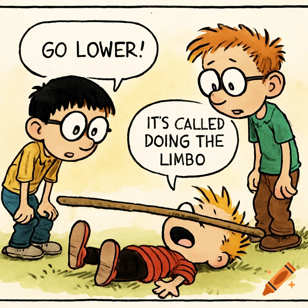 Cartoon comic panel of three kids playing limbo. One boy lies on the ...