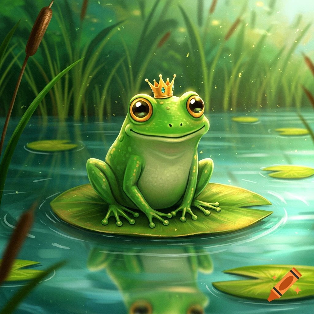 A cute green frog prince wearing a golden crown sits on a lily pad in a ...