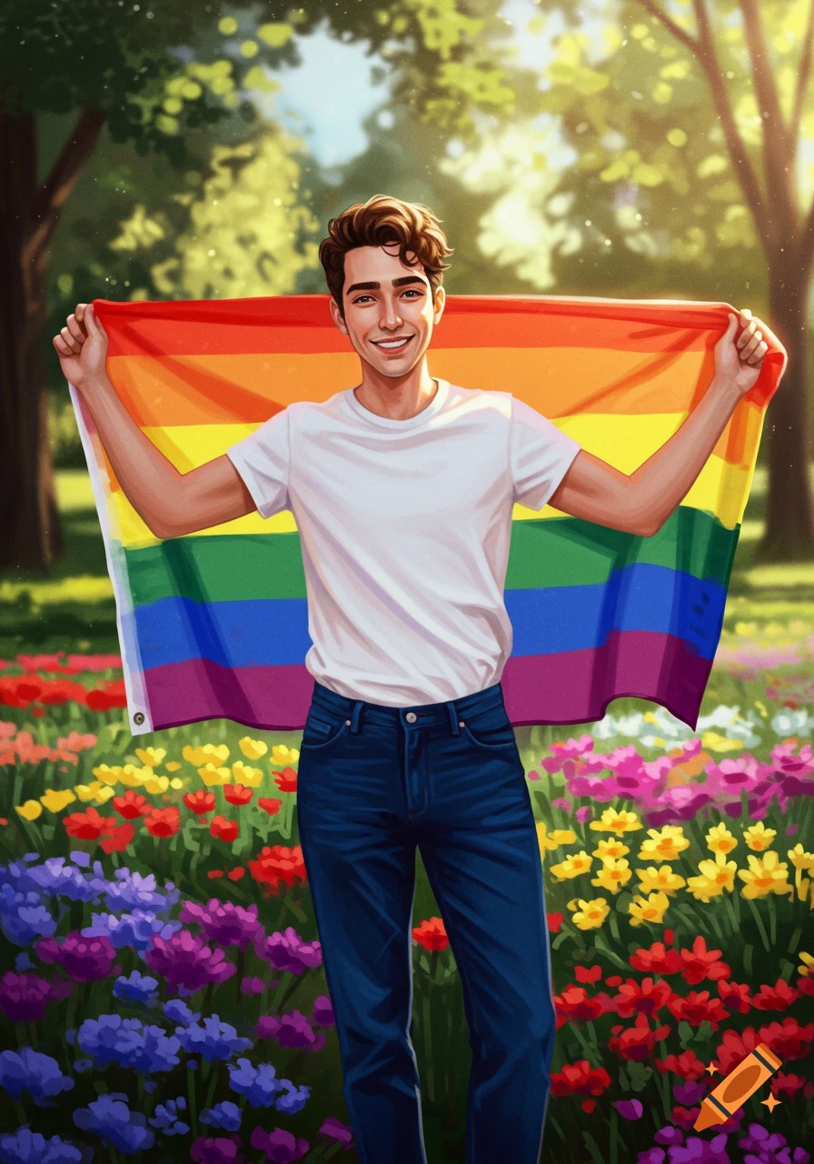 Young man holding a rainbow pride flag in a field of flowers ...