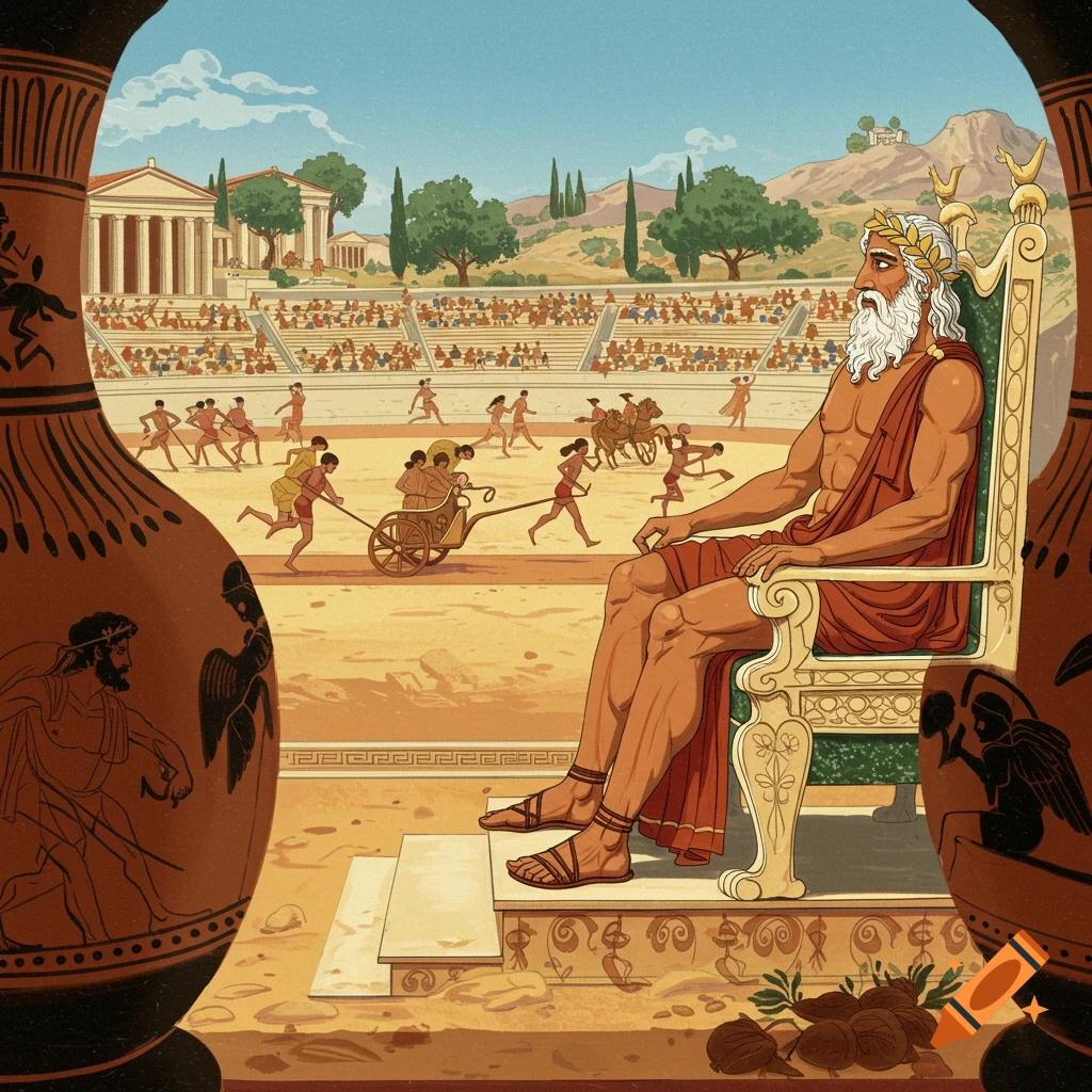 Illustration of Zeus on a throne watching athletes compete in an ...