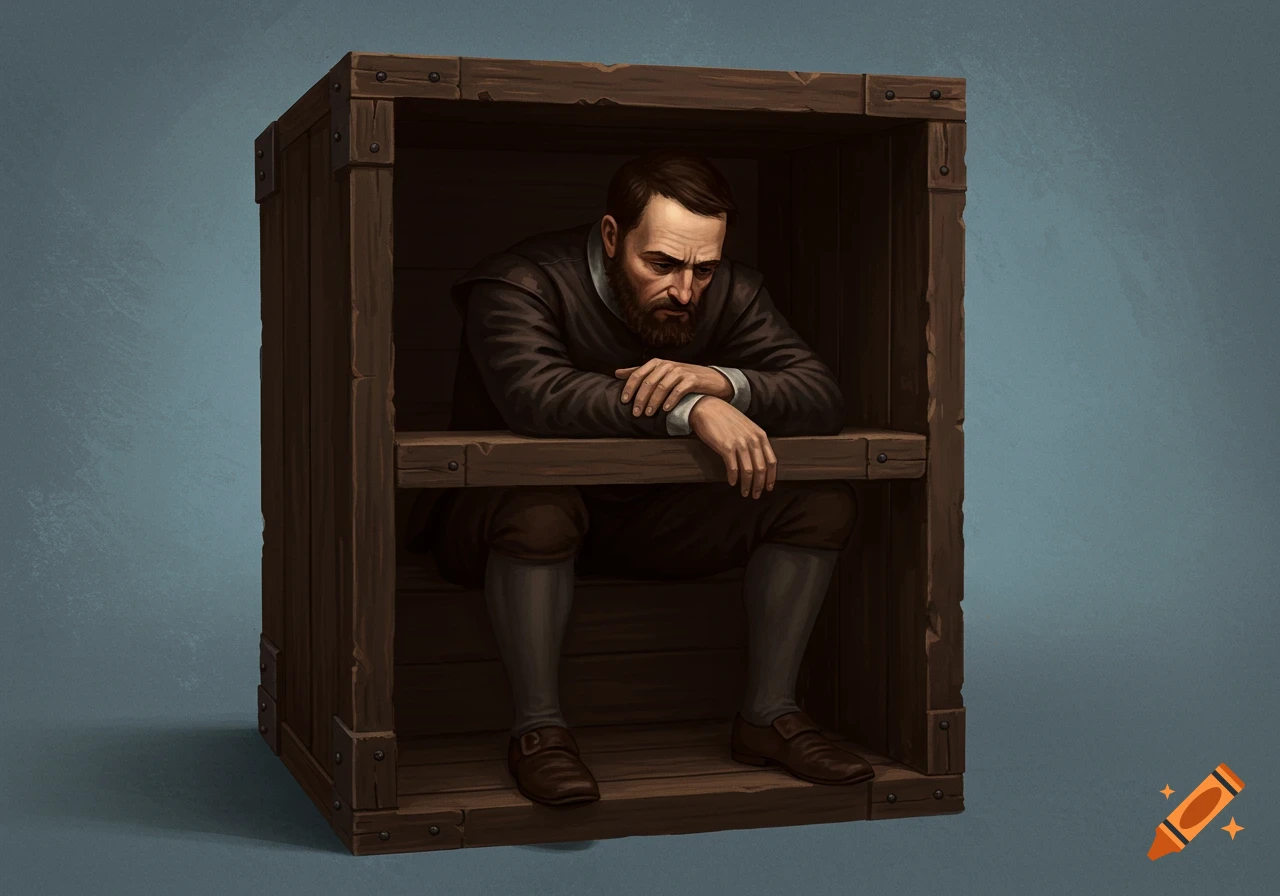 A man sits in a wooden box, looking down with a pensive expression. on ...