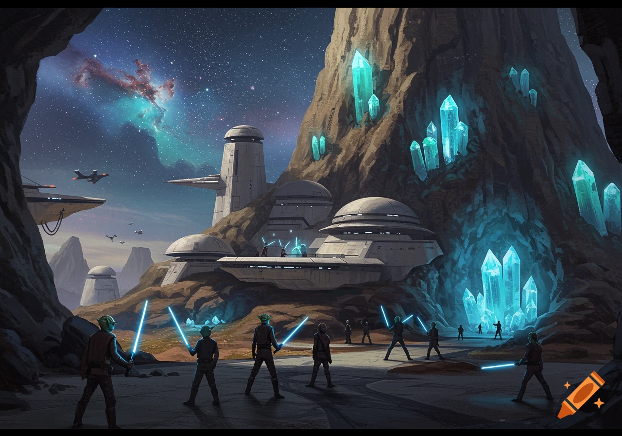 Star Wars-like school with figures holding lightsabers near crystal ...