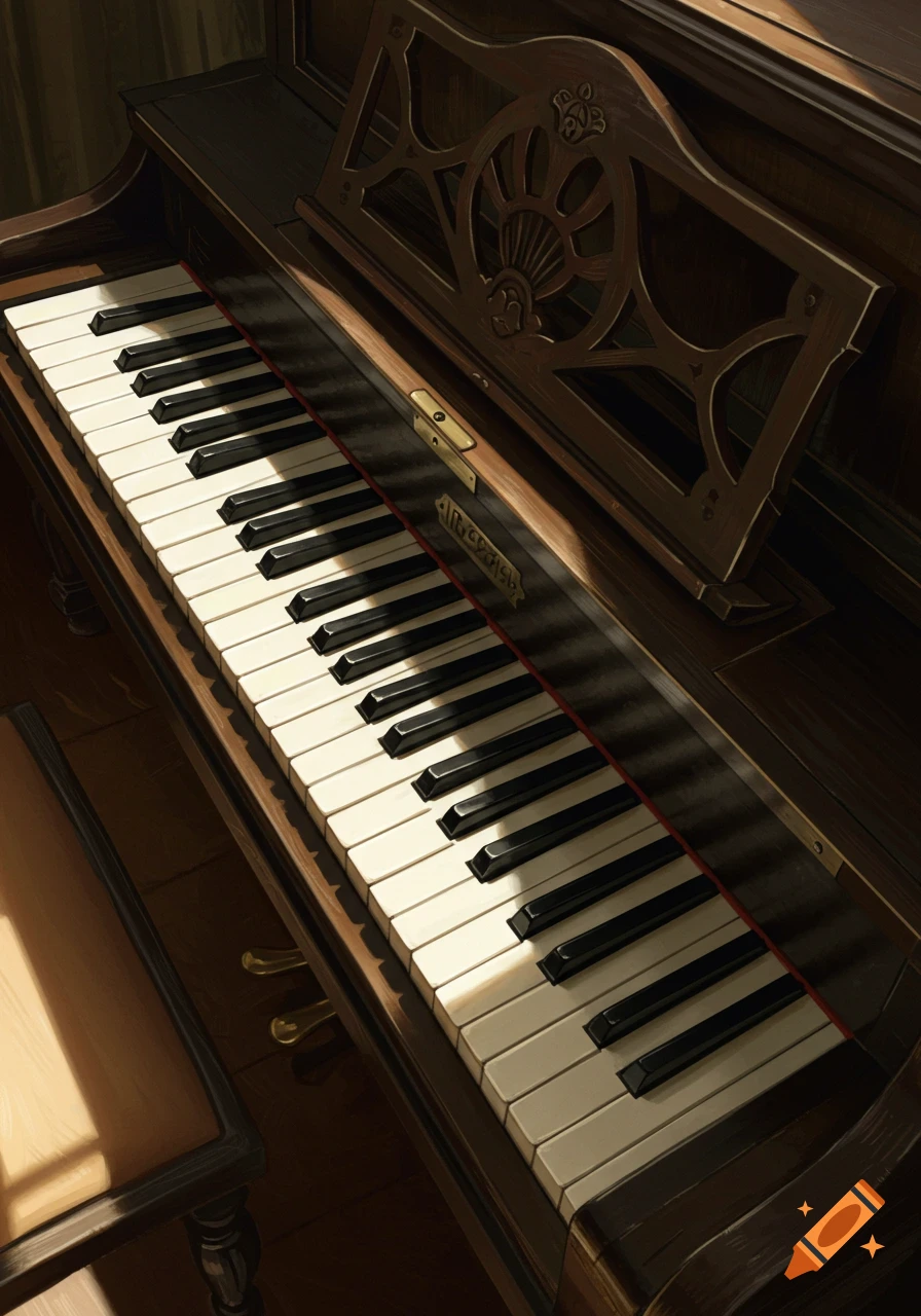 Close-up of a piano keyboard from a top-right angle, bathed in sunlight ...