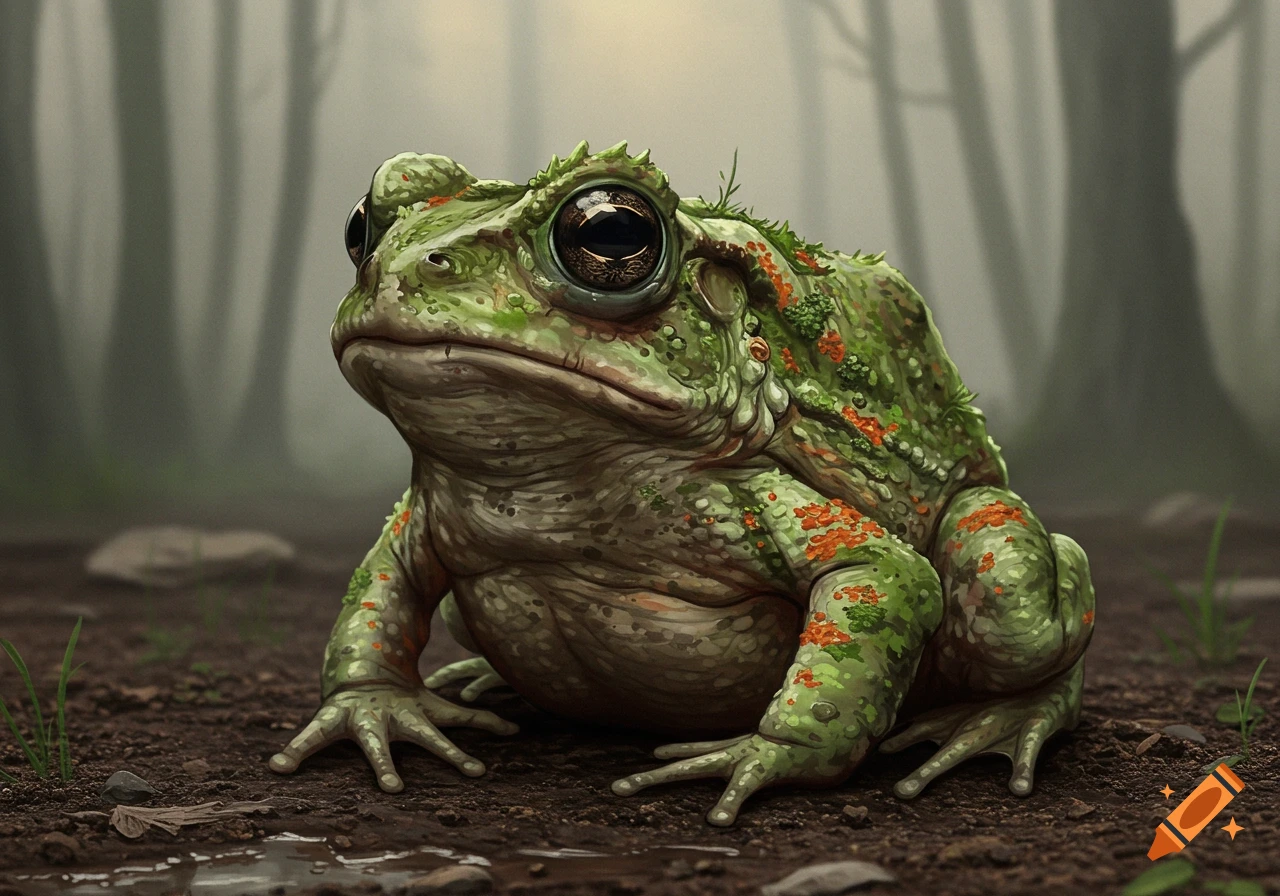 A large, textured toad sits on the forest floor. on Craiyon