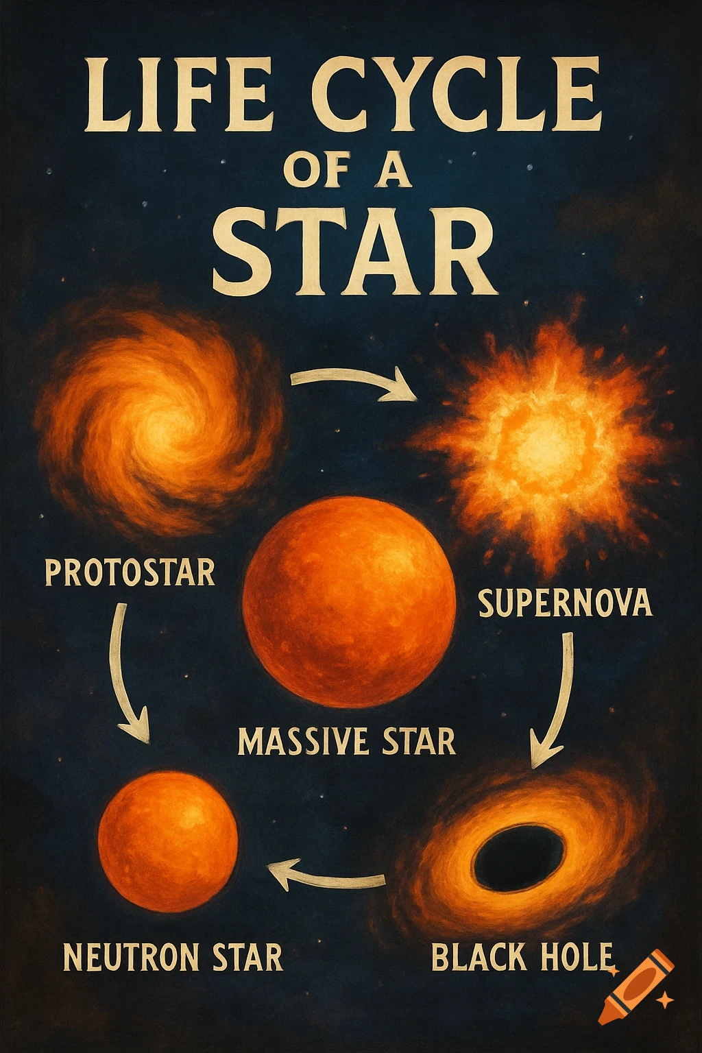 Poster showing the life cycle of a star, depicting stages like ...