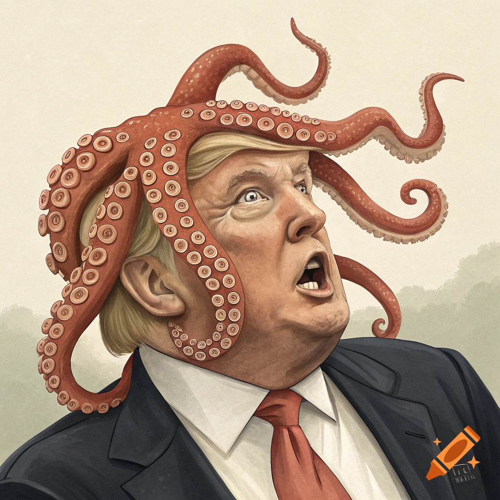 Illustration of Donald Trump with red octopus tentacles covering his ...