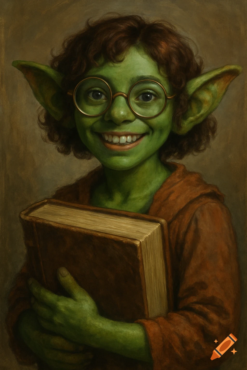Painting of a smiling green-skinned goblin with large glasses holding a ...