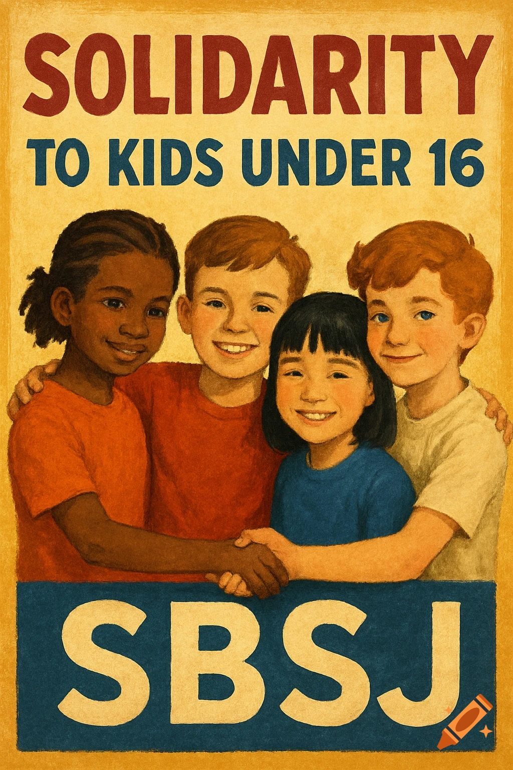 A poster illustration shows four diverse children smiling, embracing ...