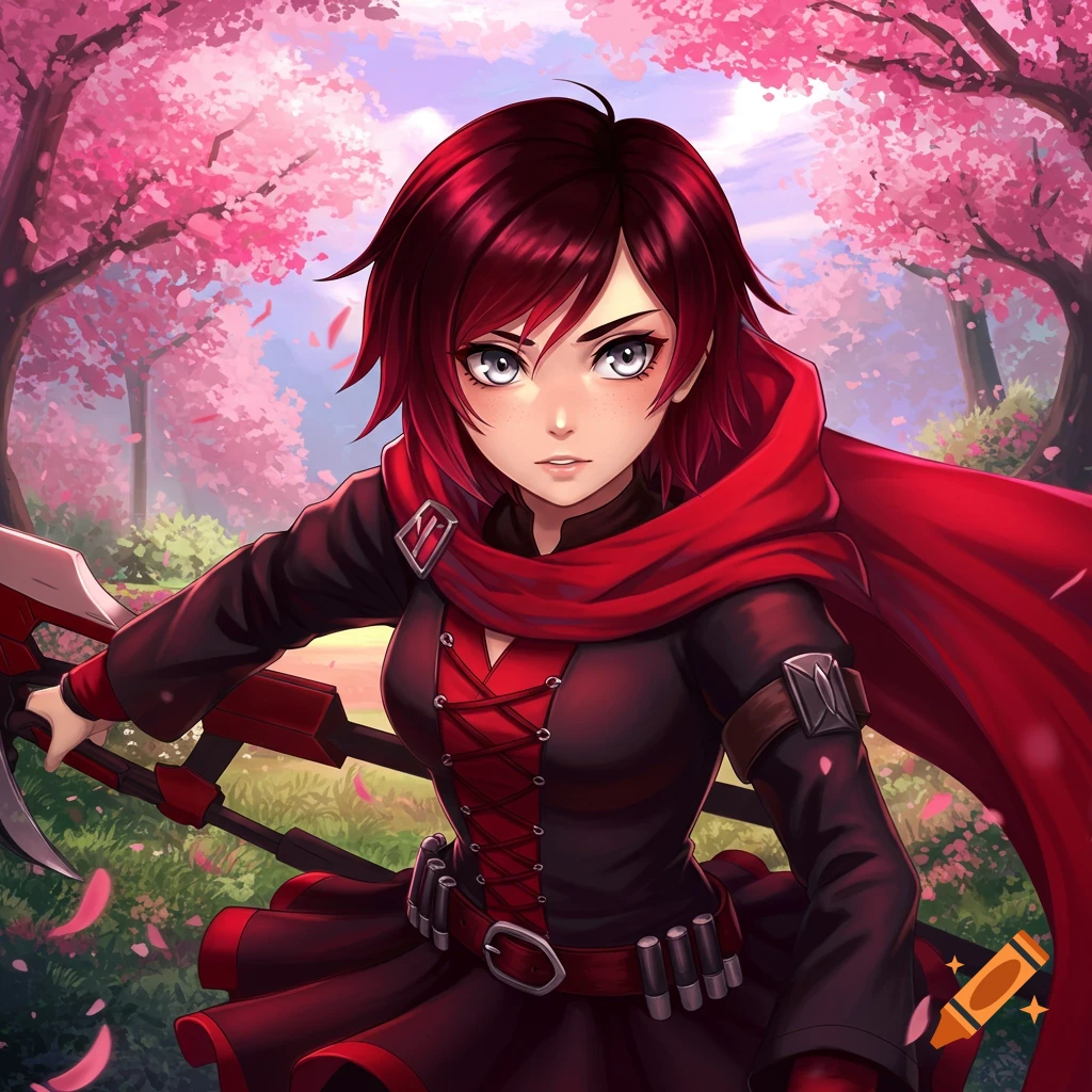 Anime illustration of Ruby Rose from RWBY holding her scythe in a ...