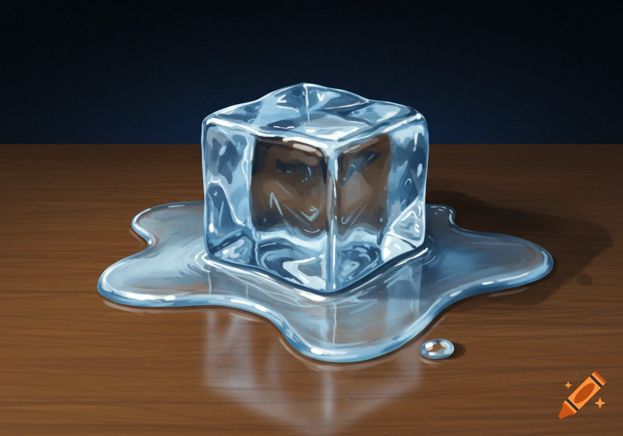 An ice cube melts on a wooden table, stylized illustration. on Craiyon