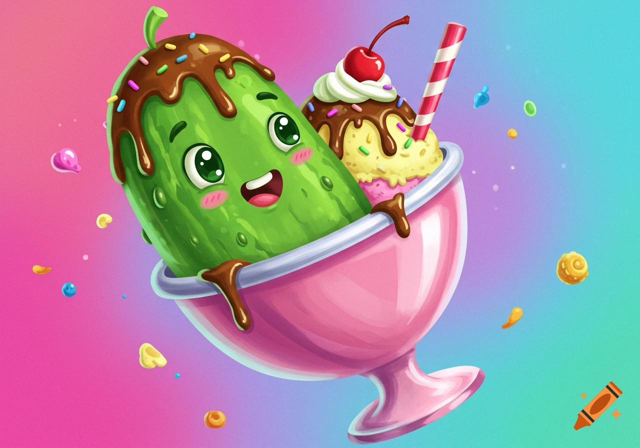 Cartoon pickle character in a sundae dish with ice cream and toppings ...
