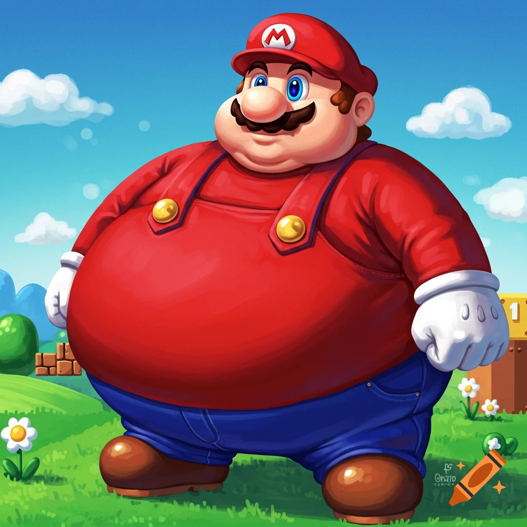 A digitally painted illustration of a very fat Super Mario standing in ...