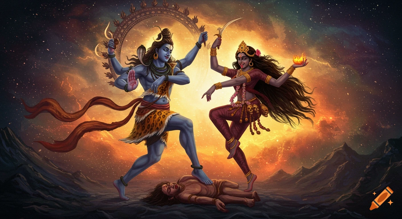 Hindu deities Shiva and Kali dance on a fallen figure under a cosmic sky, digital art. on Craiyon