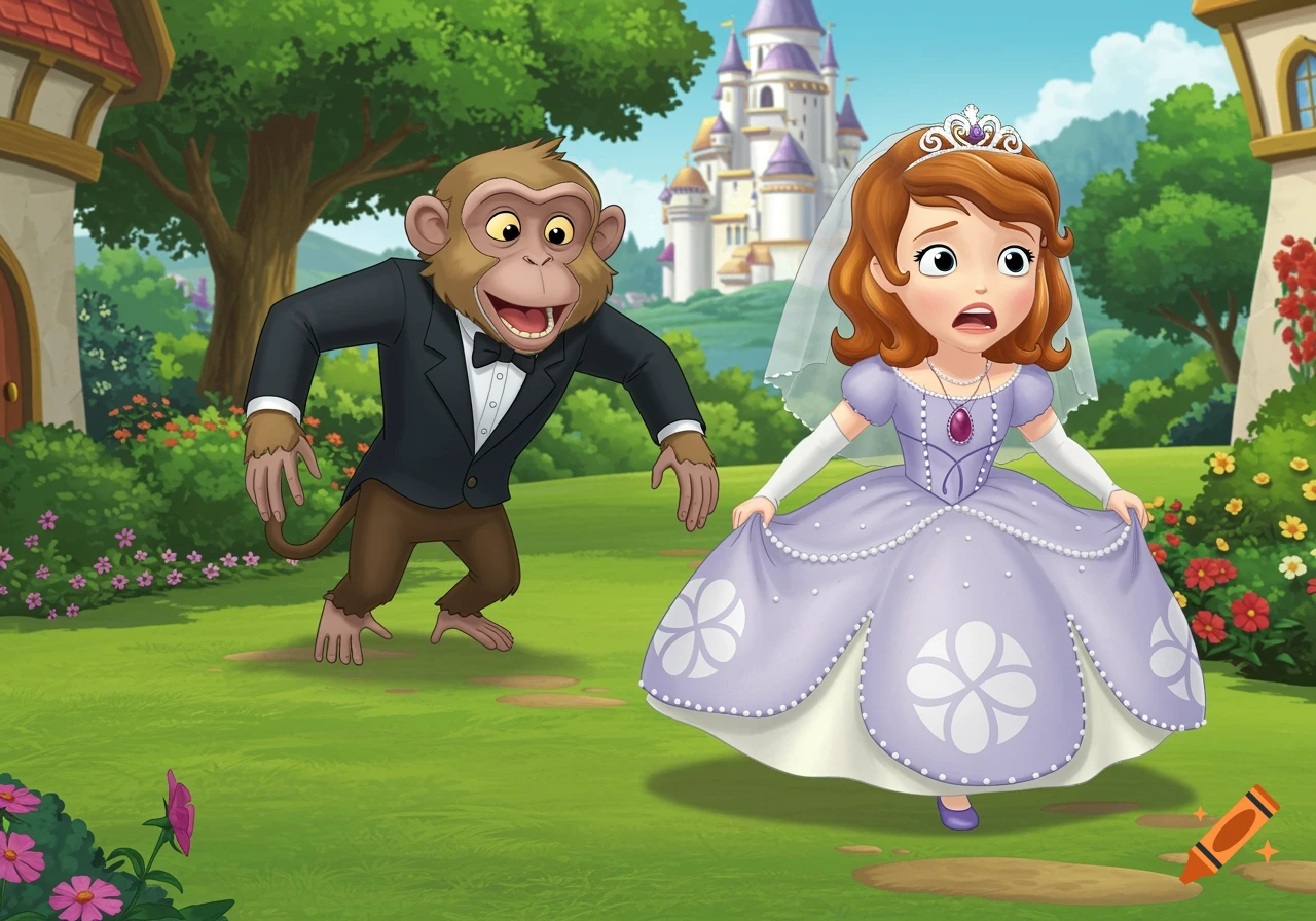 Cartoon of Sofia the First in wedding dress running from a monkey in a ...
