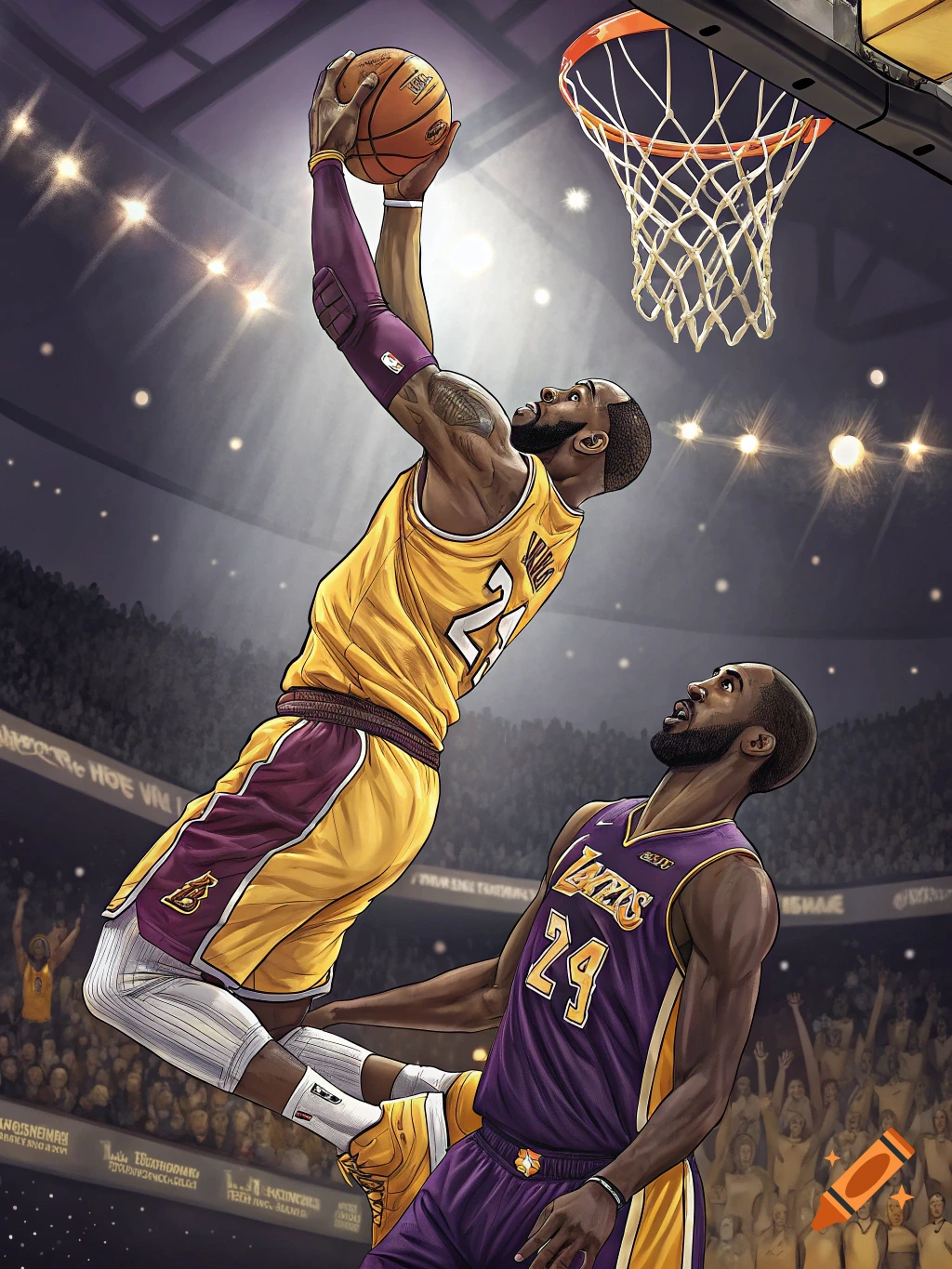 Illustrated image of LeBron James dunking over Kobe Bryant in a ...