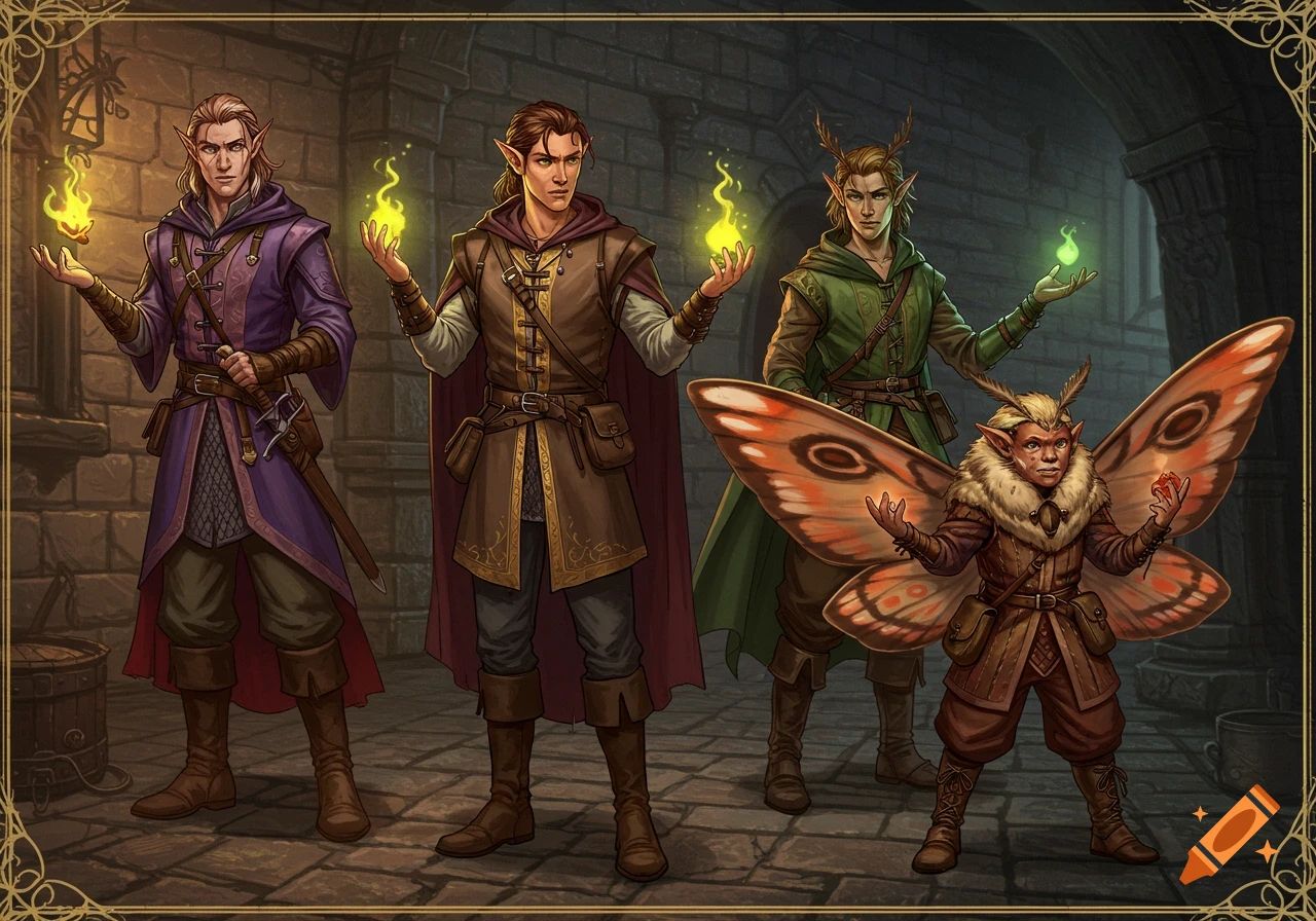 Four fantasy adventurers, including elves and a winged moth creature ...