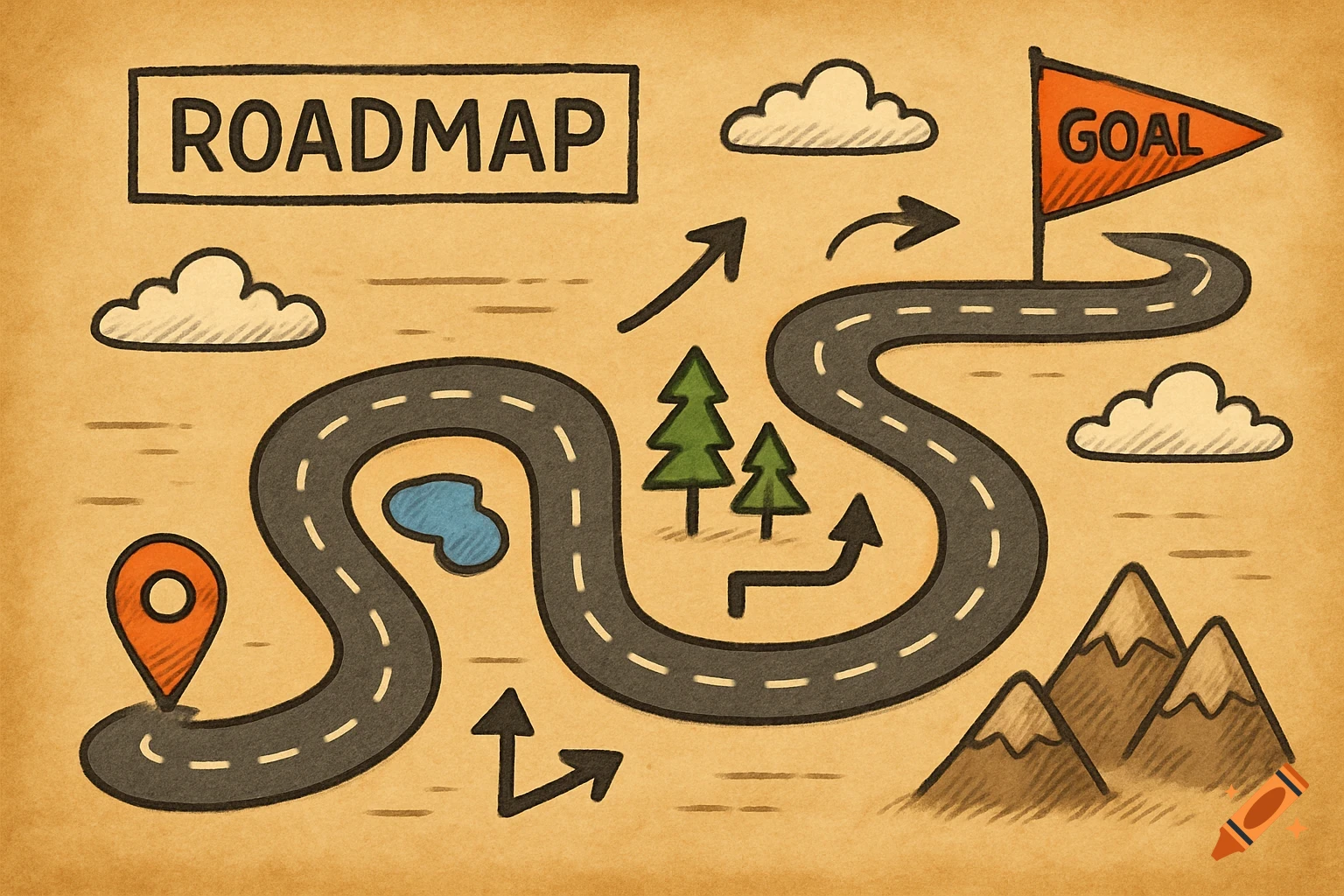 Hand-drawn style illustration of a winding roadmap with trees ...