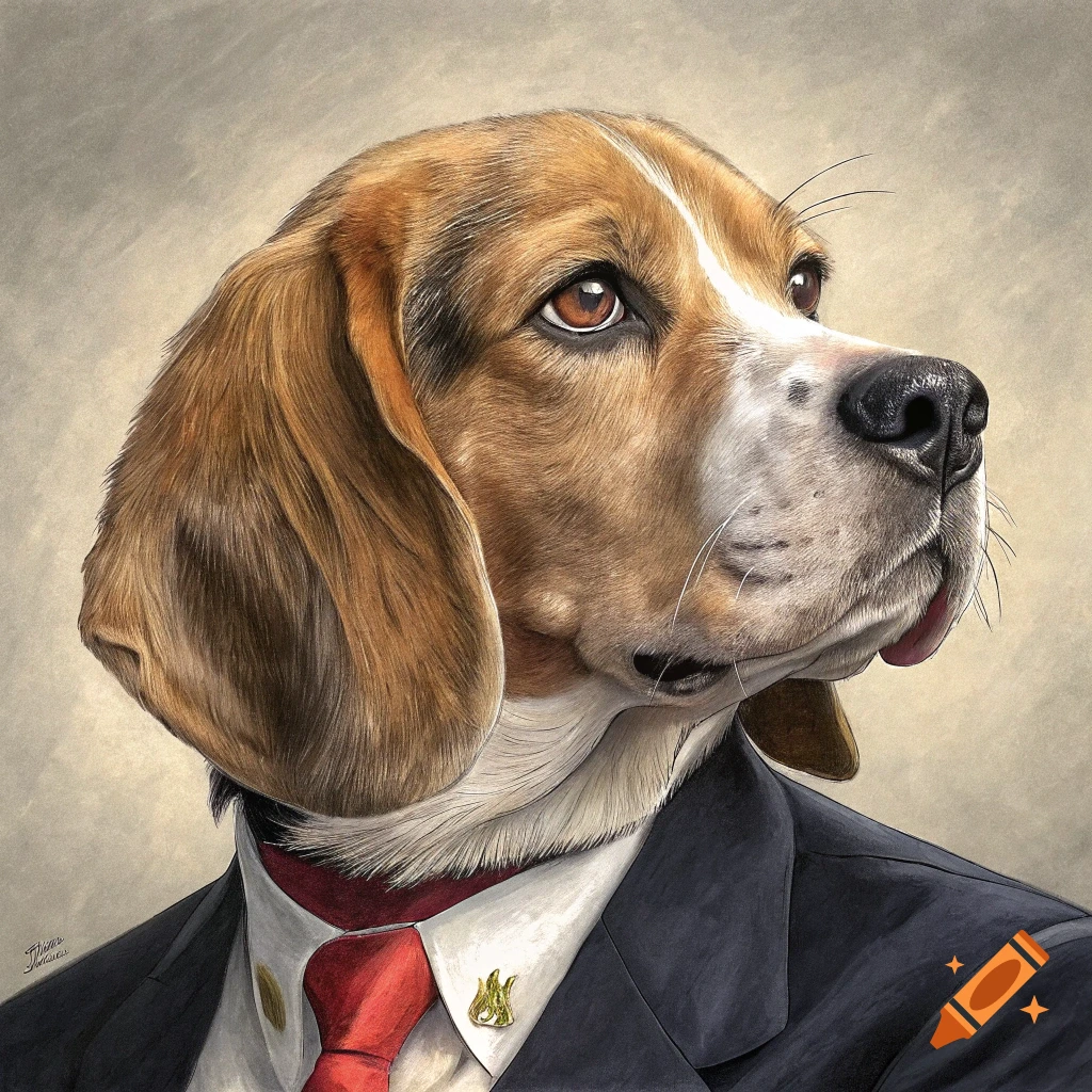 Portrait of a beagle dog wearing a dark suit and red tie on Craiyon