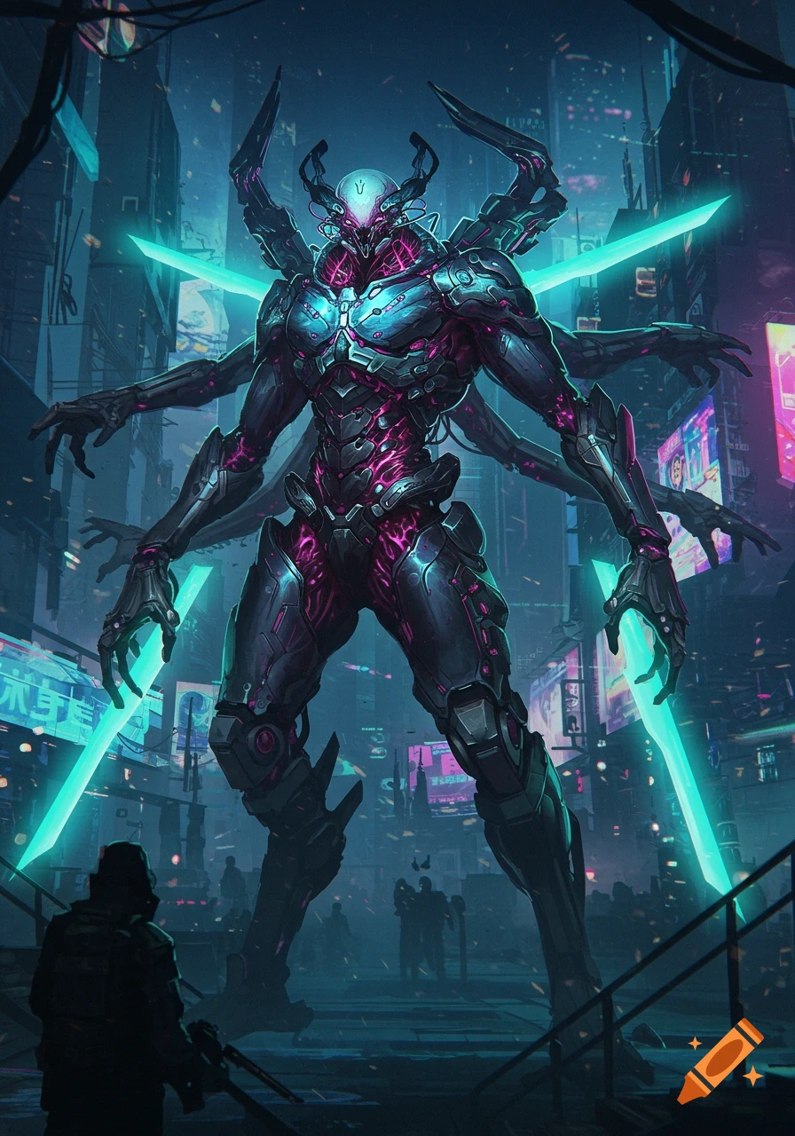 A large cybernetic creature stands in a futuristic city street. on Craiyon