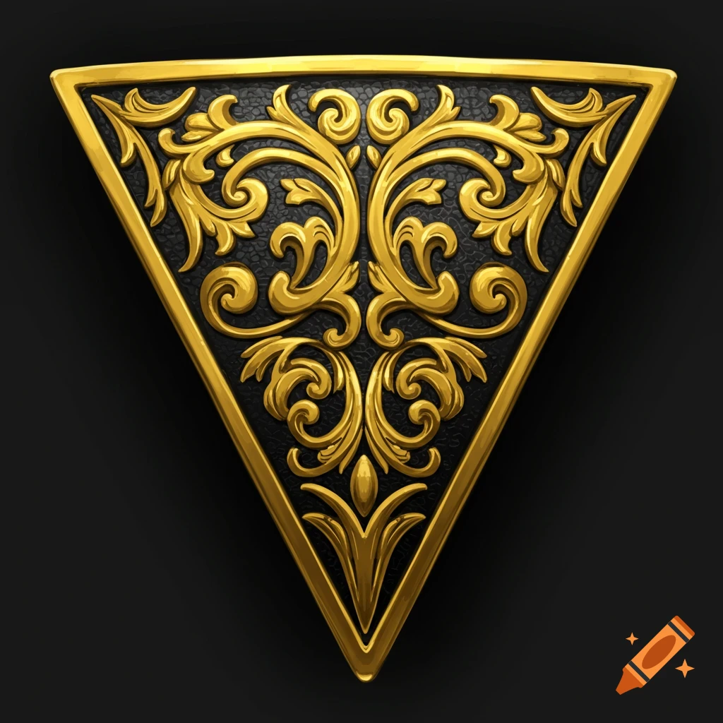 A golden triangle with ornate, decorative patterns against a black ...
