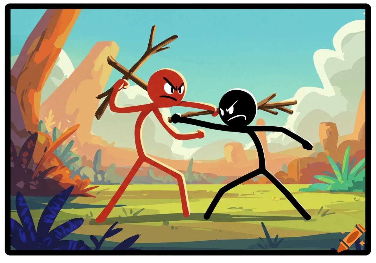 Two stick figures, one red and one black, fight with sticks in a desert ...