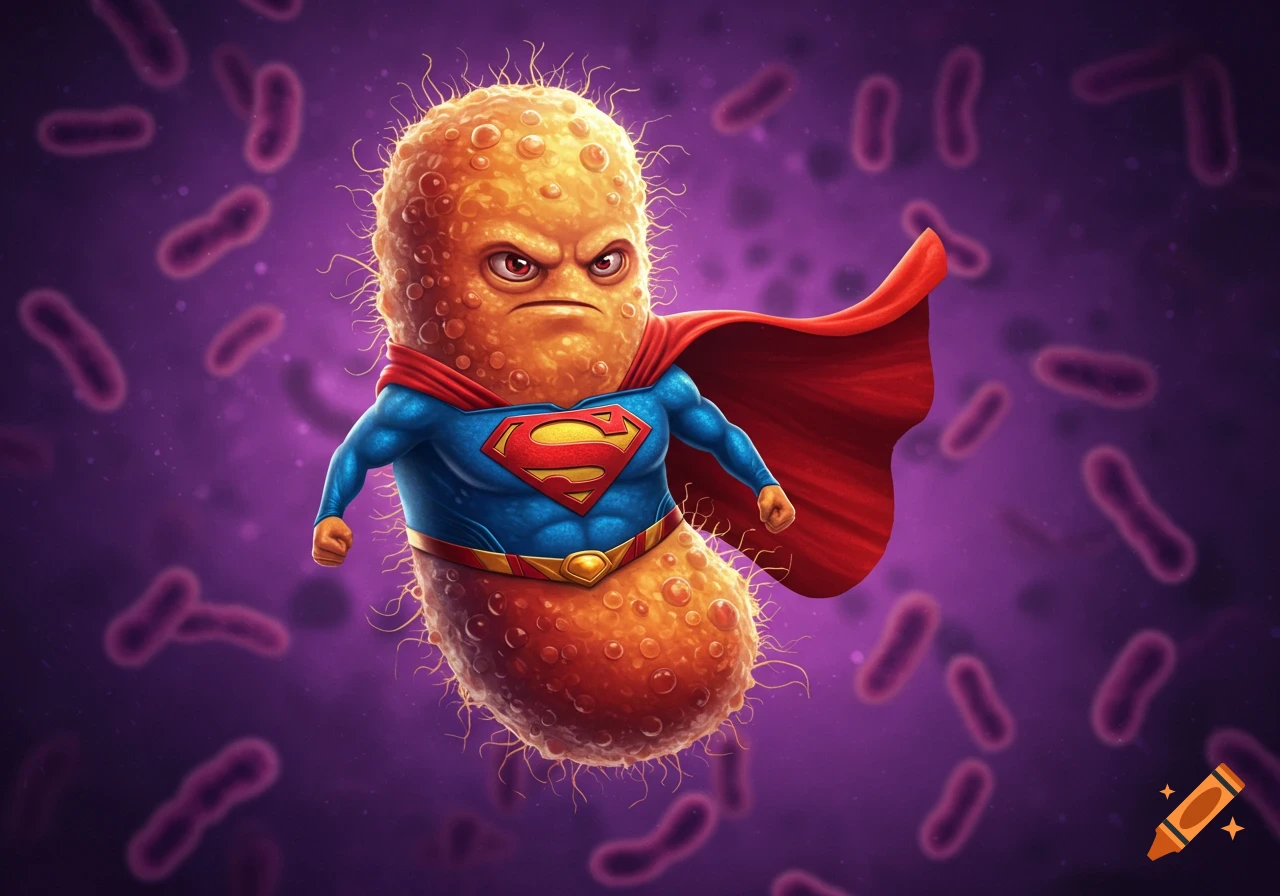 Cartoon bacteria in a Superman suit floating against a purple ...