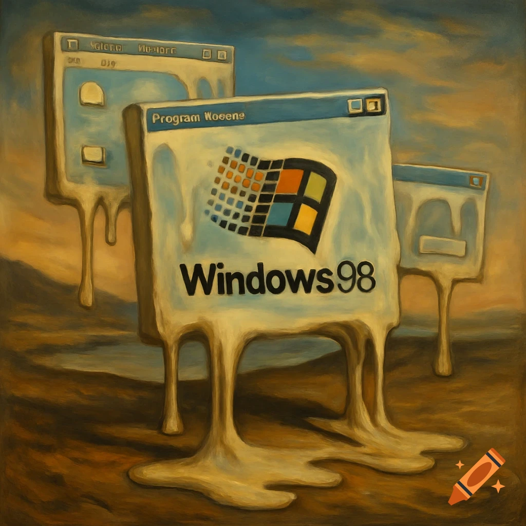 Melting Windows 98 computer screens in a surreal landscape, in the ...