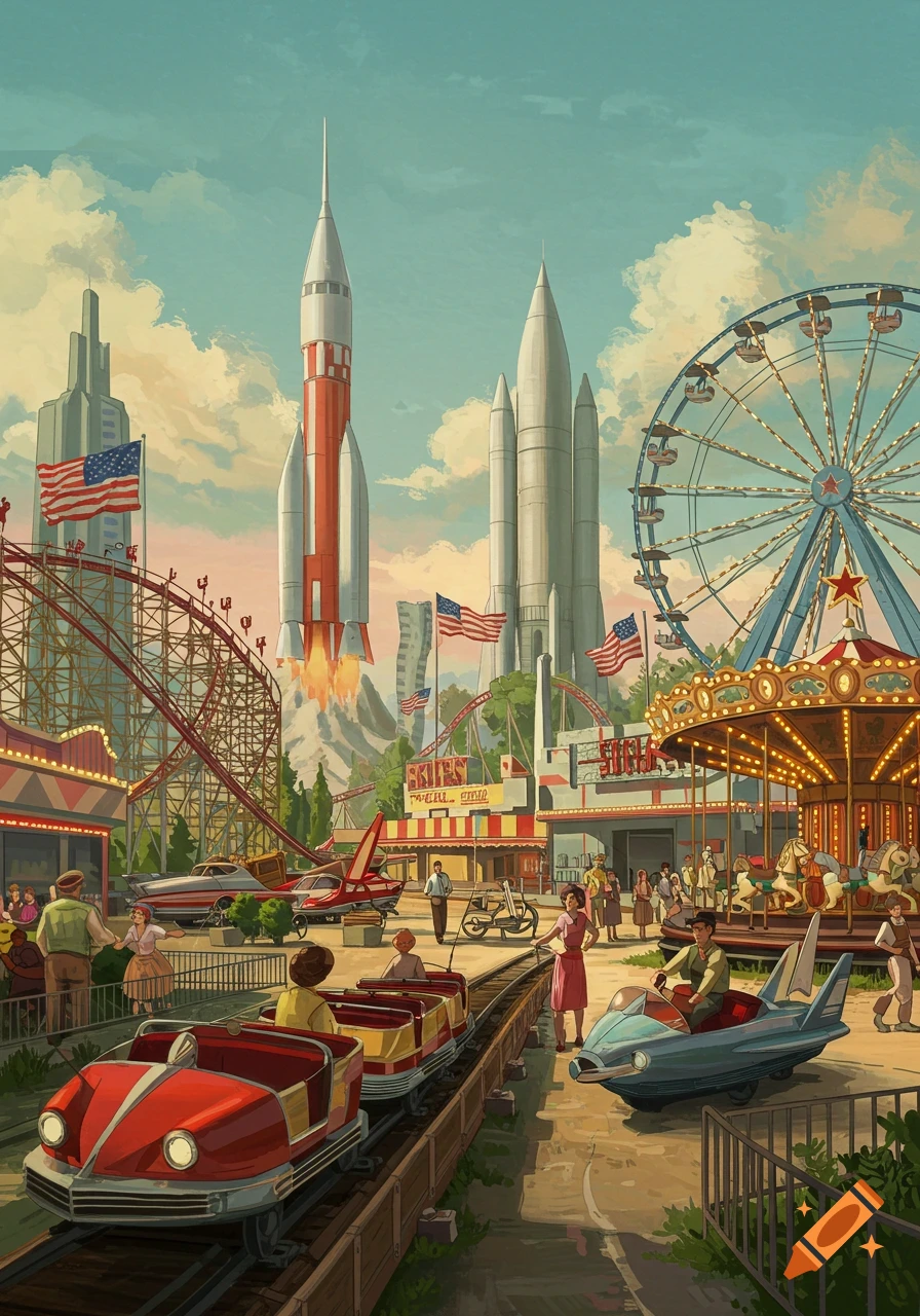 A retro-futuristic theme park with rockets, Ferris wheel, rollercoaster ...