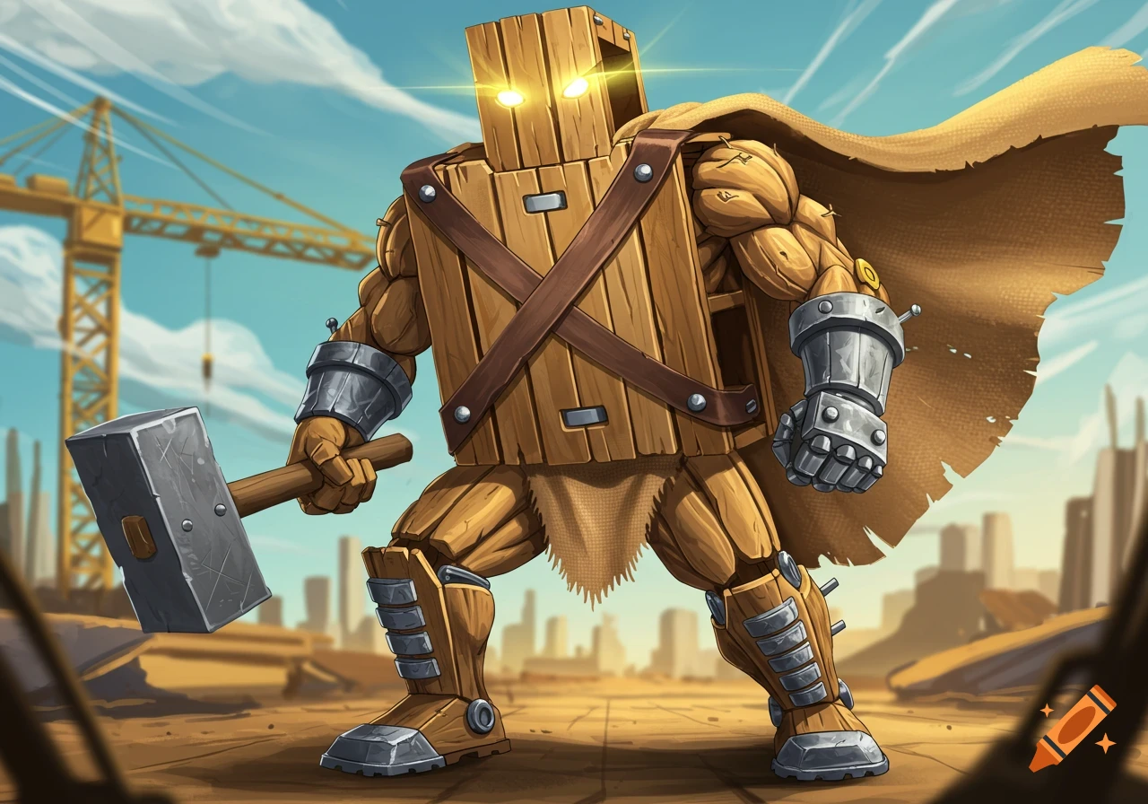 Illustration of a wooden plank superhero figure holding a large hammer ...