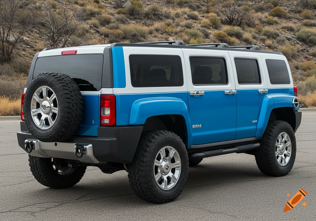 A blue and white Hummer H3 parked outdoors. on Craiyon