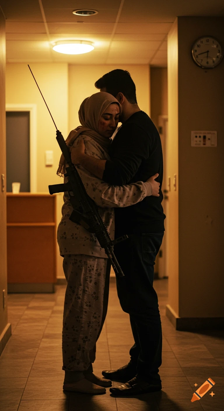 A man and woman hug in a dimly lit hallway, the woman holding a rifle ...