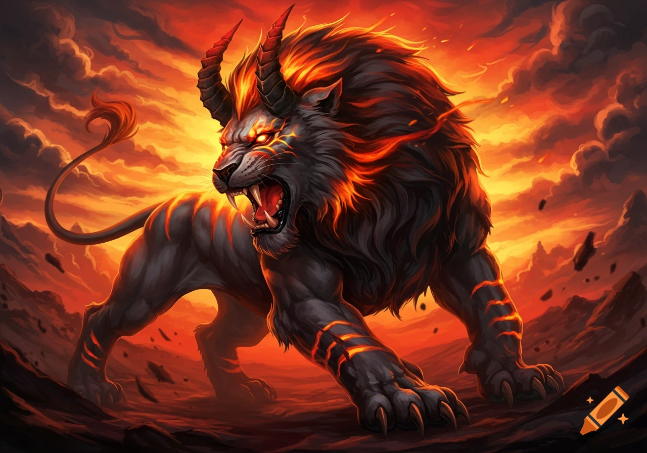 A fierce, fiery demon battle lion stands roaring in a volcanic ...
