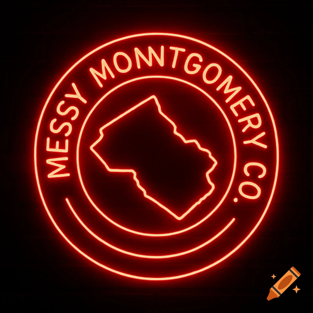 Red neon sign with 'MESSY MONTGOMERY CO.' text and an outline of a ...