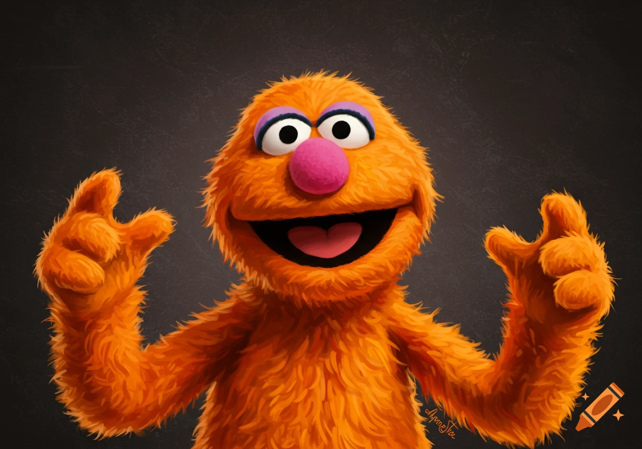 Portrait of an orange furry muppet character with pink nose and purple ...