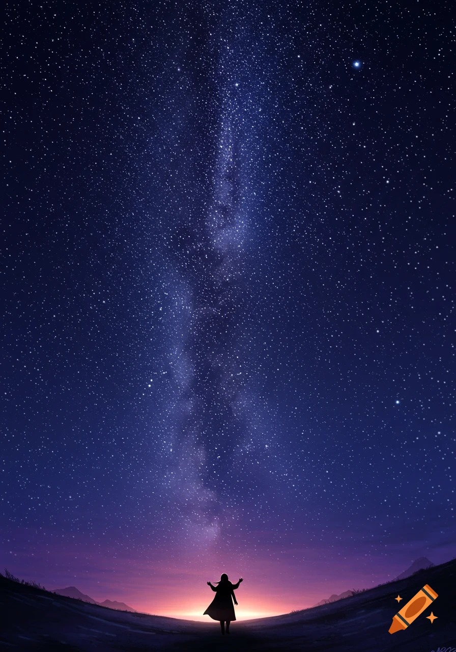 Silhouette of person watching the Milky Way in a night sky with twilight horizon on Craiyon