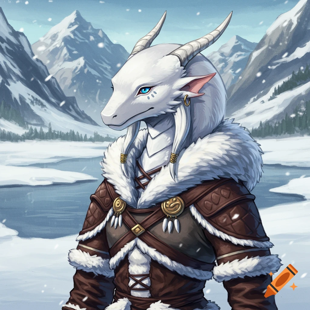 Digital illustration of a white dragon humanoid in winter furs standing ...