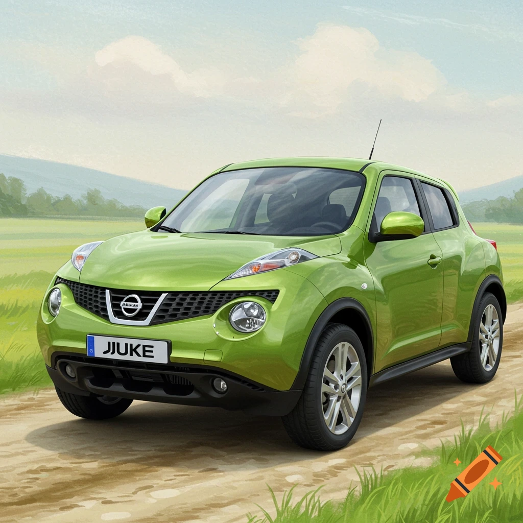 A green Nissan Juke on a dirt road in a field. Illustration. on Craiyon
