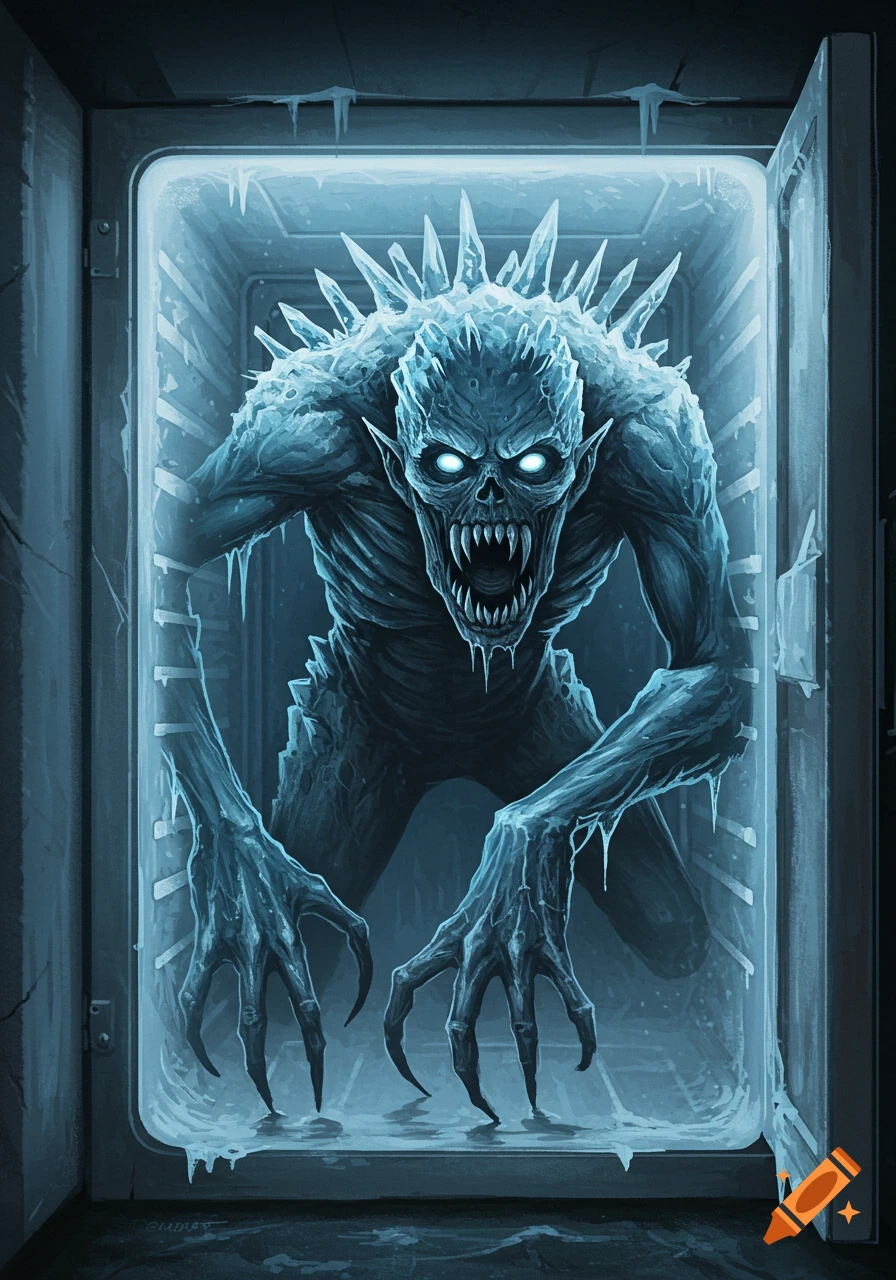 A monstrous ice creature with glowing eyes and claws trapped inside a ...
