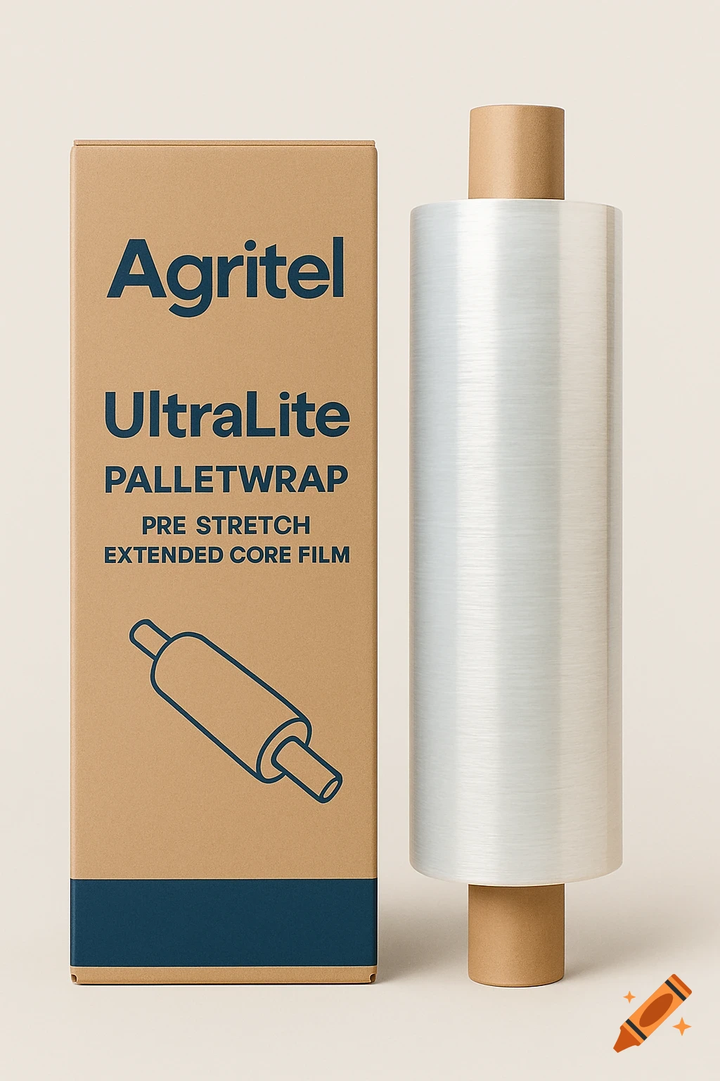 A cardboard box for Agritel UltraLite Palletwrap next to a roll of ...