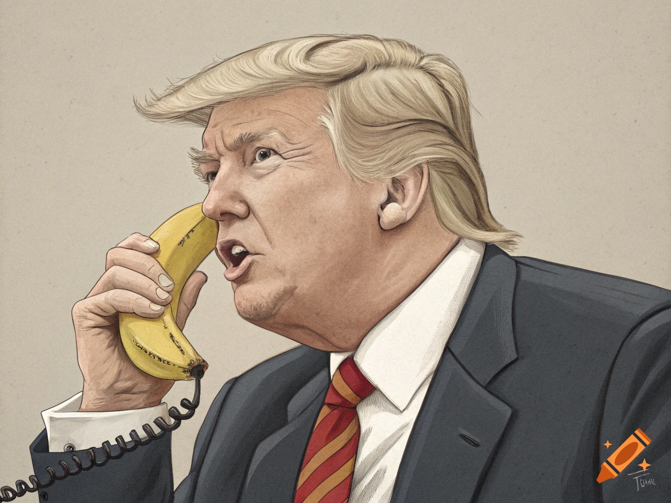 Caricature of Donald Trump holding a banana like a phone. on Craiyon