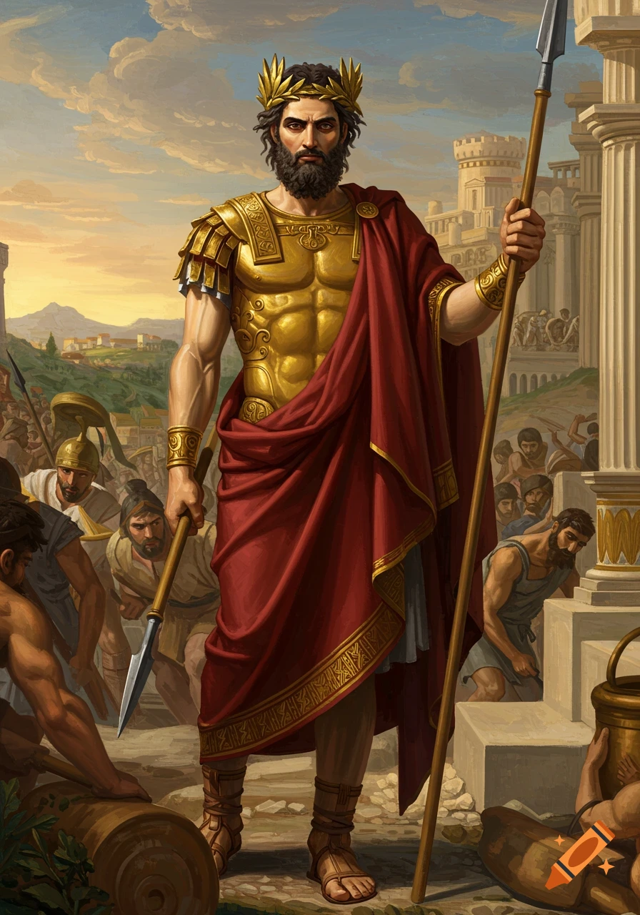 A man in ancient Greek armor and red cloak holds two spears in an ...