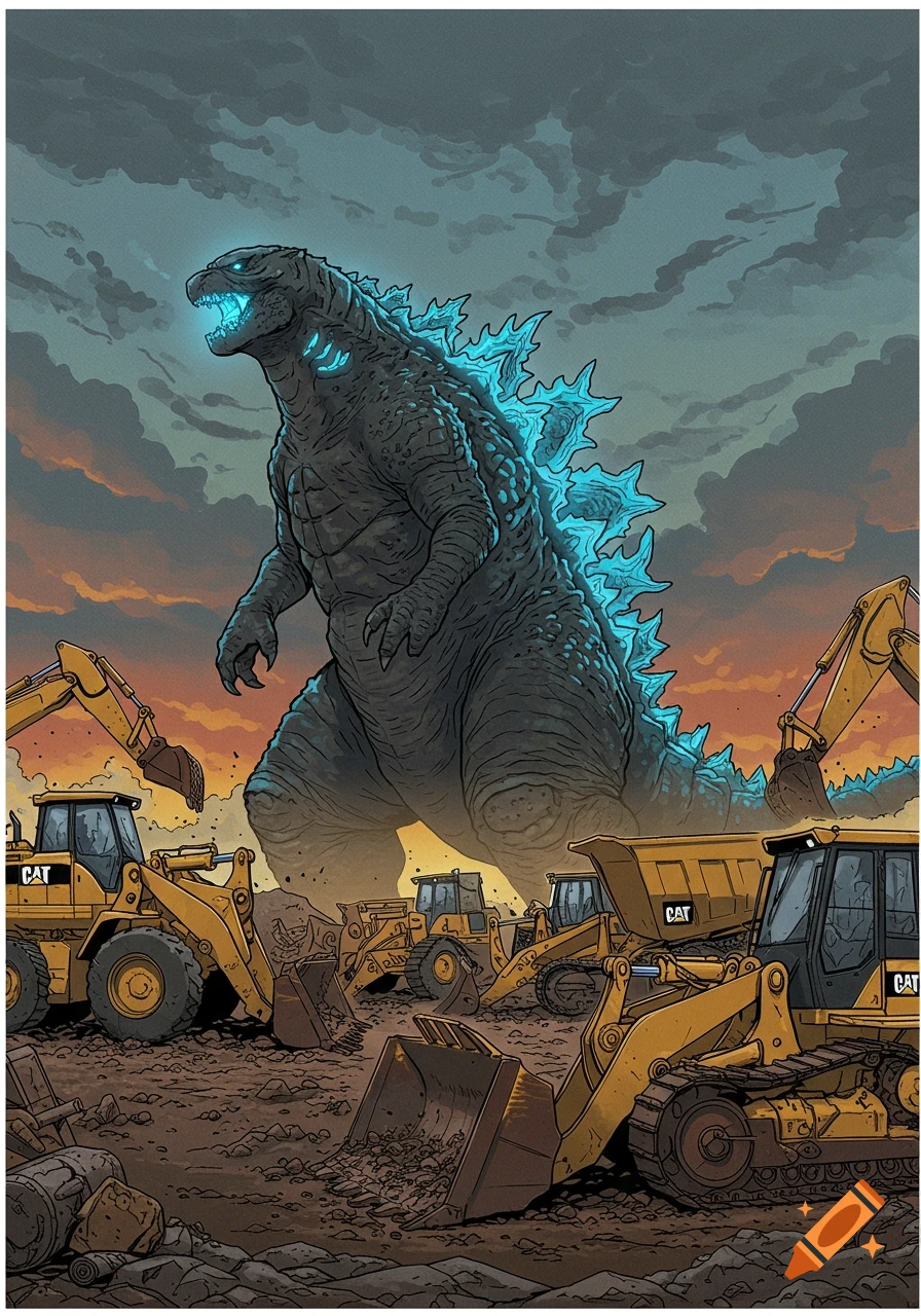Giant Godzilla stands among yellow Caterpillar construction vehicles in ...