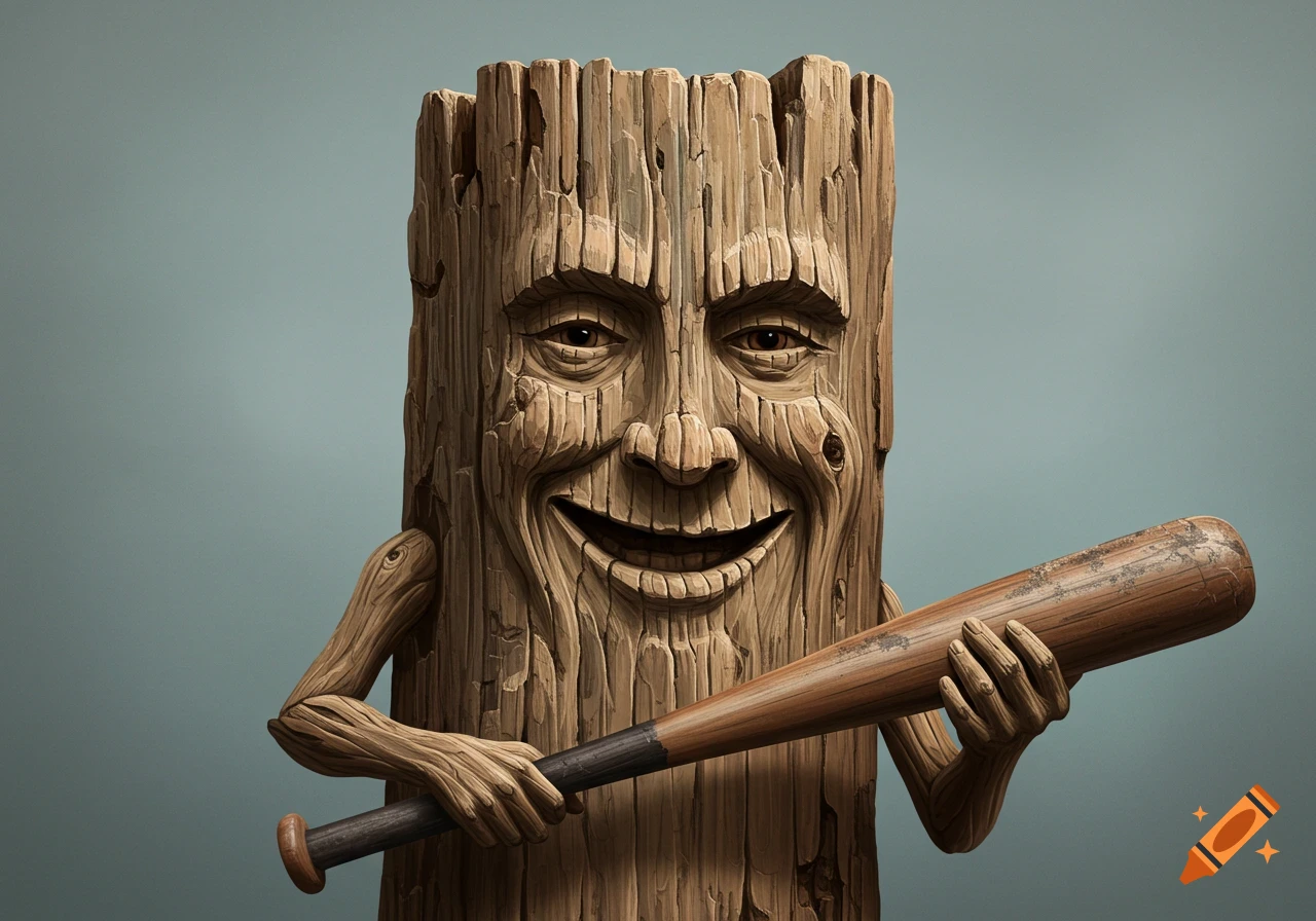 A wooden log character with a carved face holds a baseball bat. on Craiyon