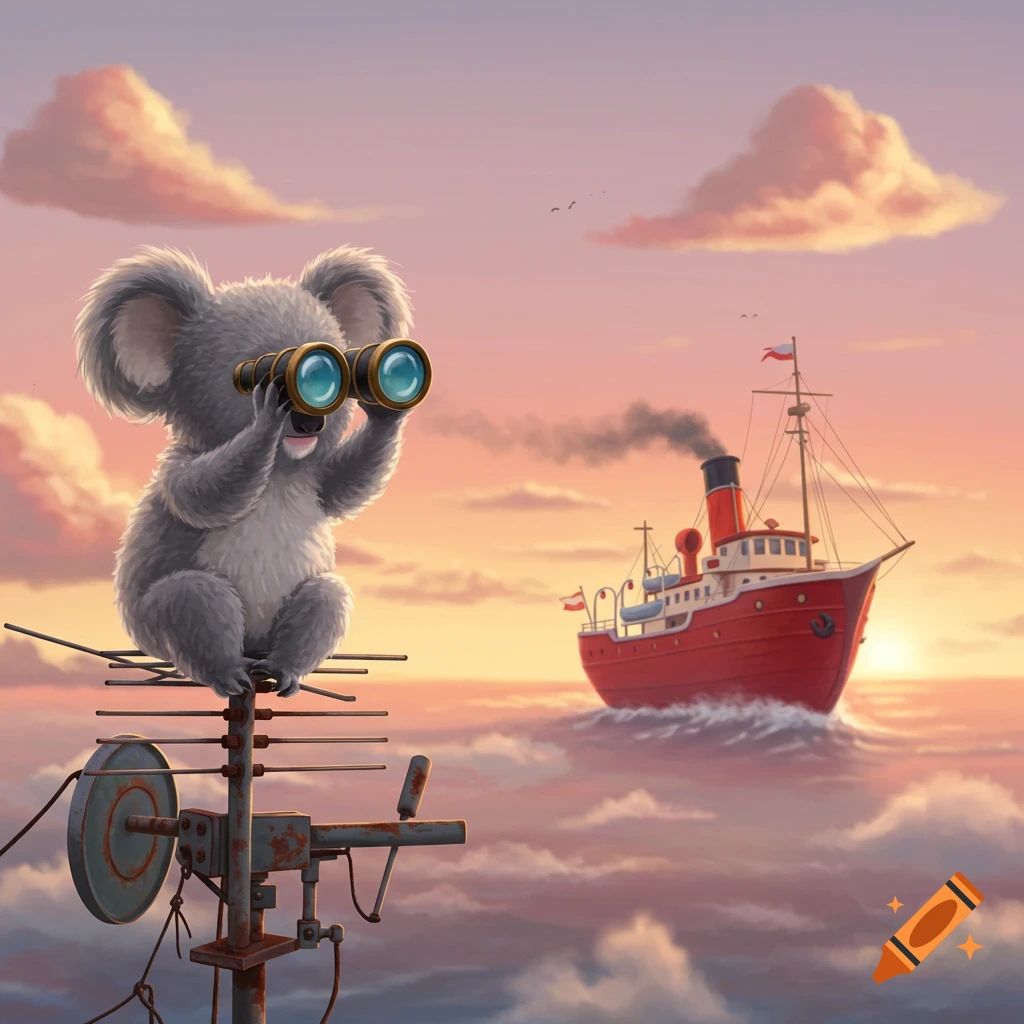 Koala sits on antenna, looks through binoculars at a red ship sailing ...